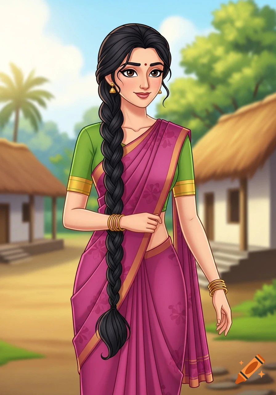 A 2D cartoon illustration of a young South Indian woman with a long ...
