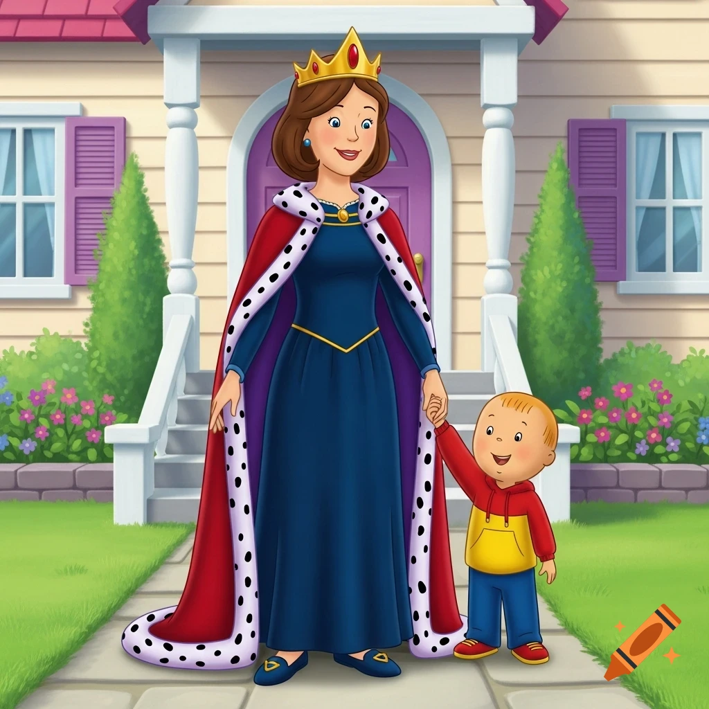 Cartoon Queen Doris in a blue gown and red cloak holds hands with ...