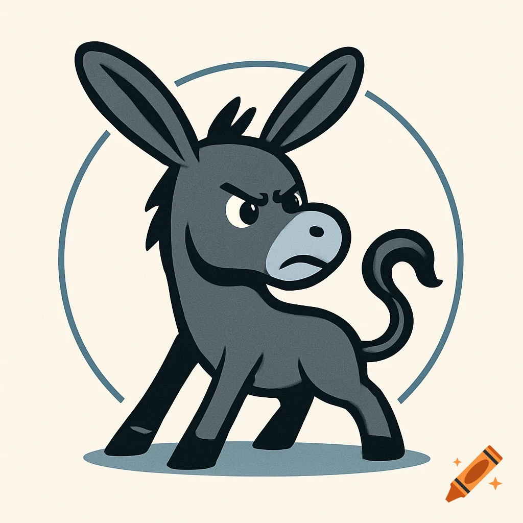 Cartoon gray donkey with a scowl and big ears, standing stubbornly in a blue circle outline ...
