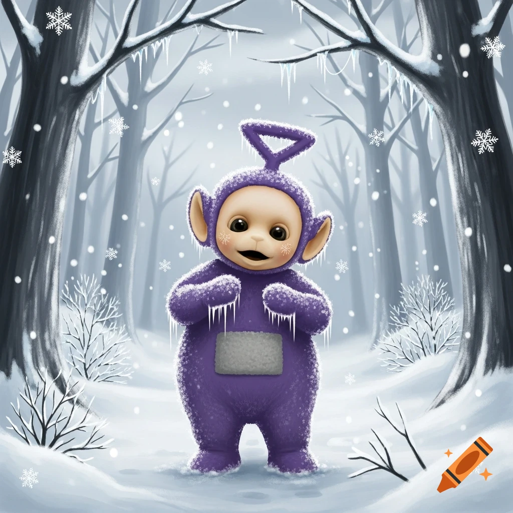 A purple Teletubby covered in snow and icicles, shivers in a snowy ...
