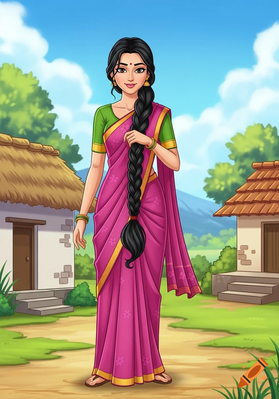 2D cartoon of a South Indian woman in a pink saree with a long braid ...