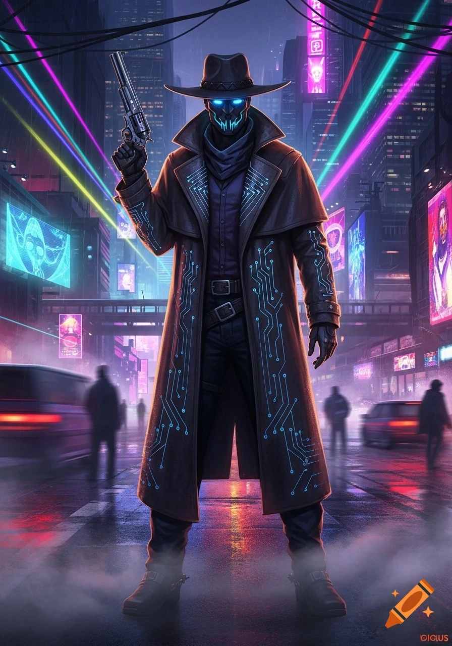 A masked cyberpunk figure in a circuit-patterned duster coat and fedora ...