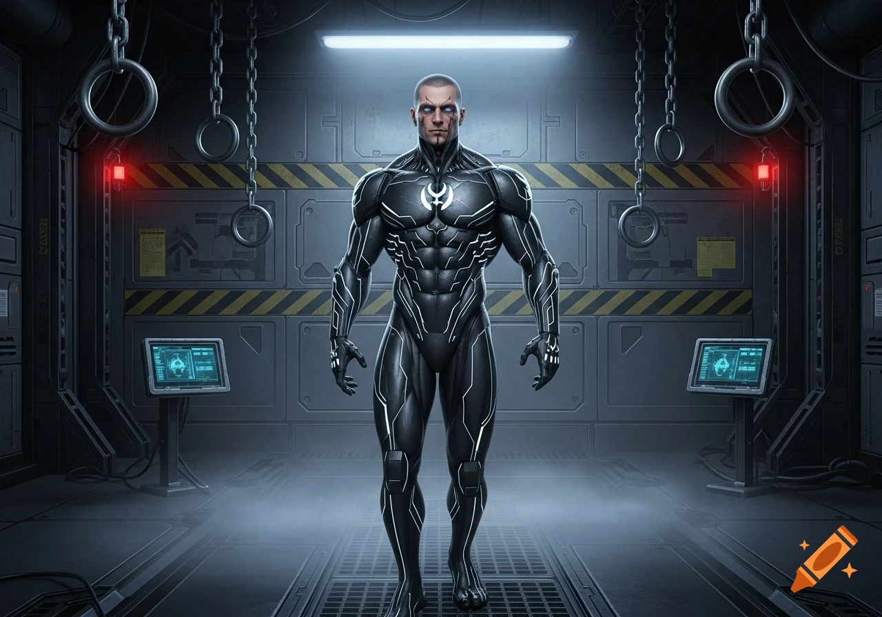 A bald, muscular supersoldier in a black and white glowing futuristic ...