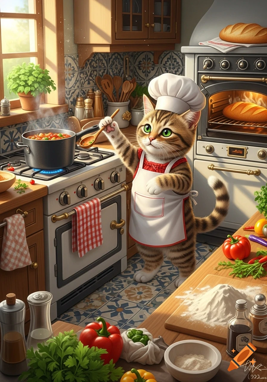 A cute tabby cat wearing a chef hat and apron stirs a pot on a stove in ...