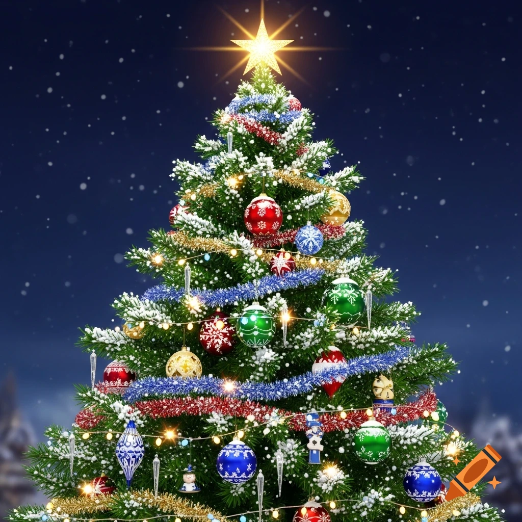 A brightly lit and decorated Christmas tree with a star on top, against ...