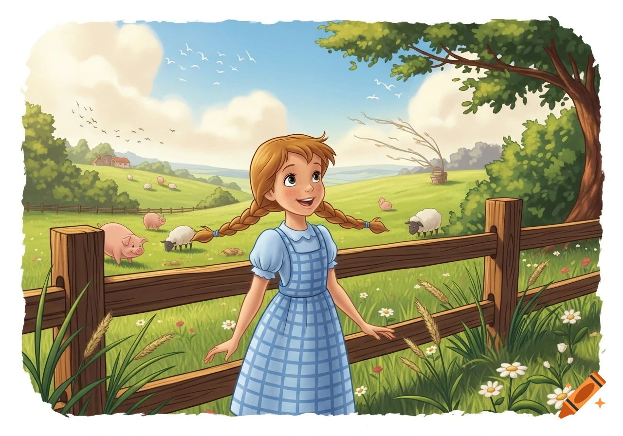 Animated illustration of a cheerful young girl with pigtails in a plaid ...