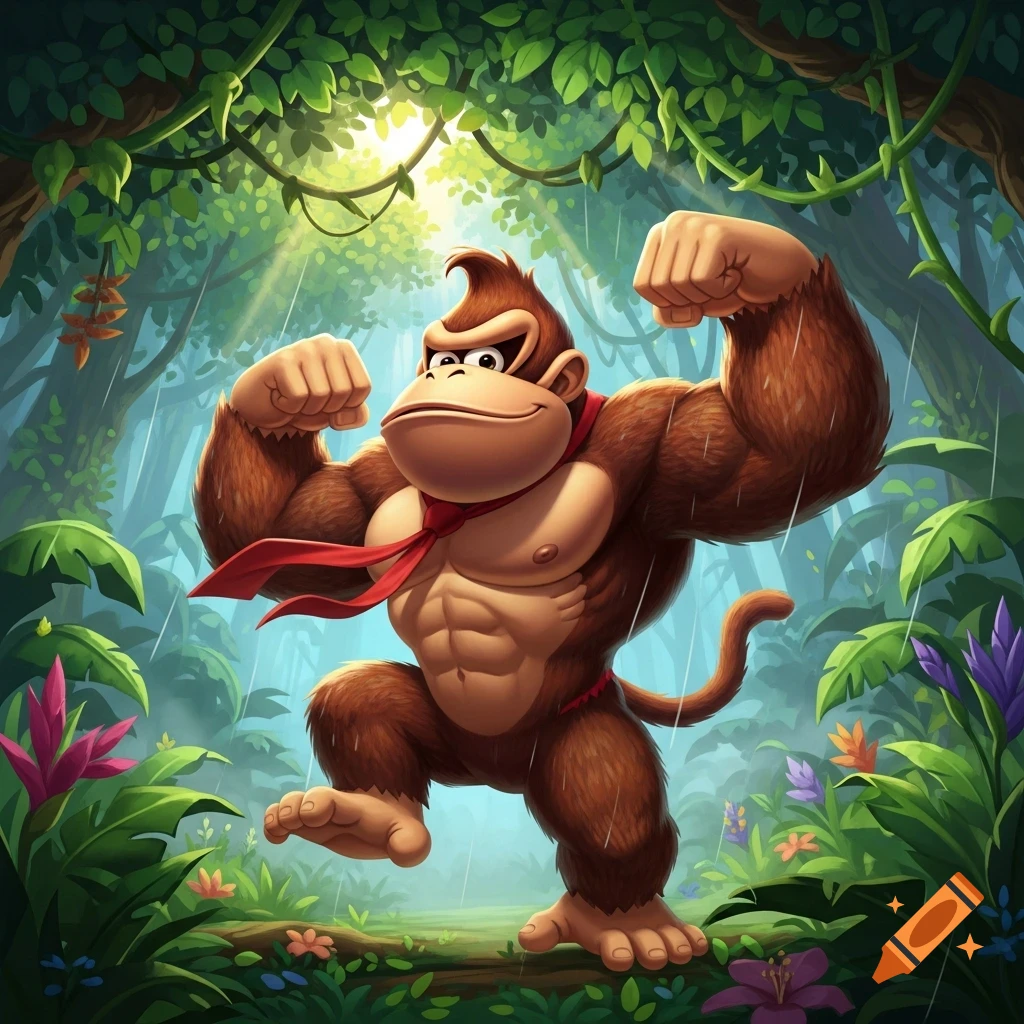 Donkey Kong flexing his muscles in a vibrant, rainy jungle, in a ...