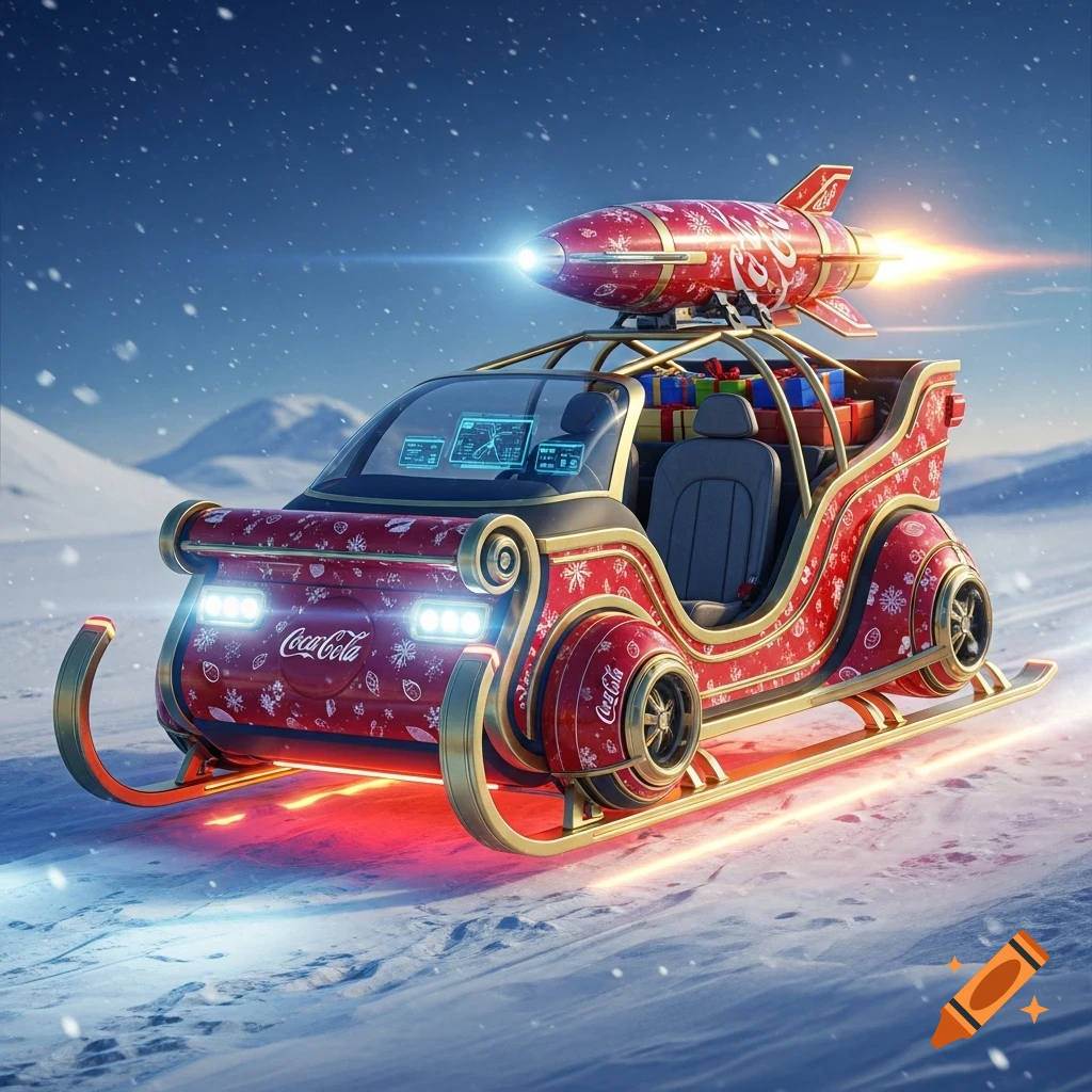 A futuristic red and gold Santa's sleigh with a rocket and presents ...