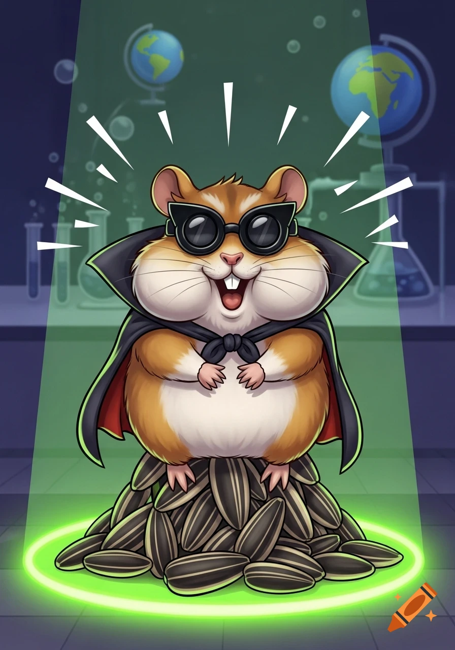 A funny, evil 2D cartoon hamster wearing a black cape and sunglasses ...