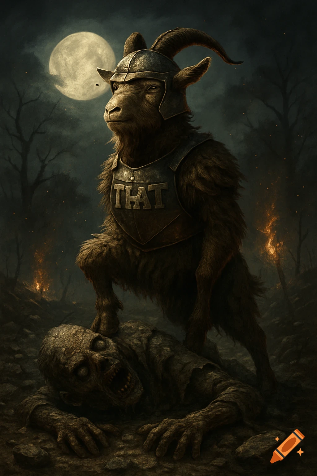 An armored goat with 'THAT' on its chest stands triumphantly on a ...