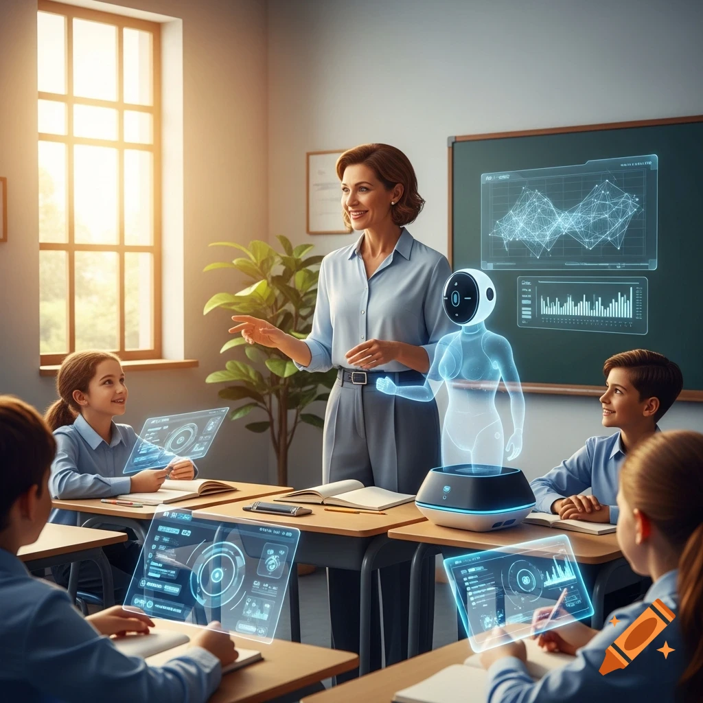 A teacher and students in a futuristic classroom interact with a ...