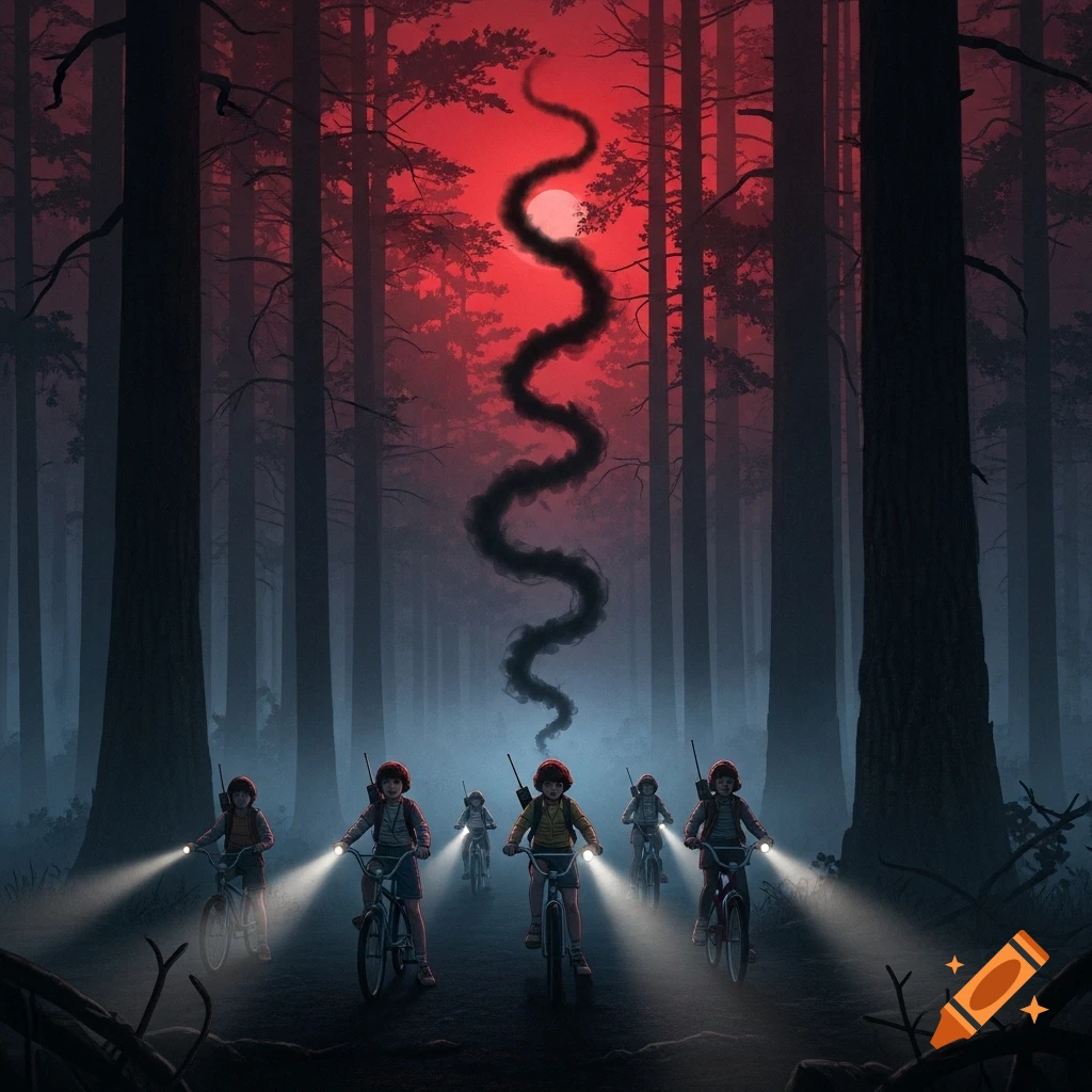 Kids on bikes with flashlights ride through a dark, foggy forest under ...