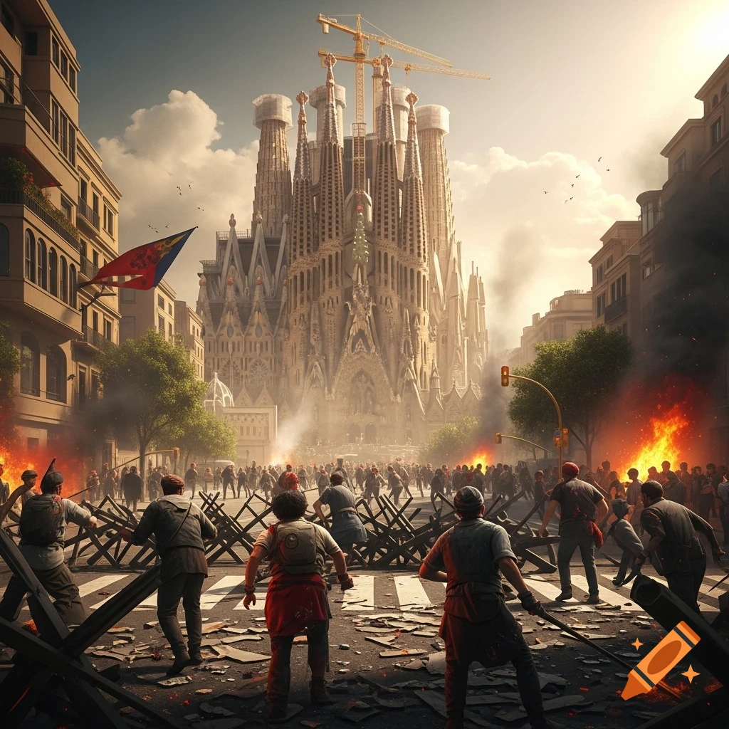 A chaotic civil war scene in Barcelona with the Sagrada Familia in the ...