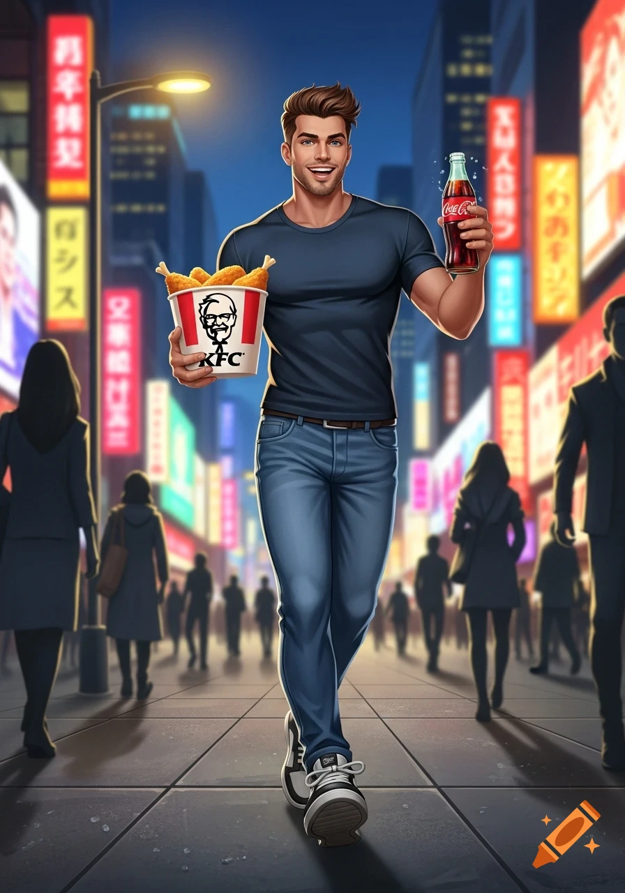 A smiling, muscular man in jeans and a t-shirt walks on a city street ...