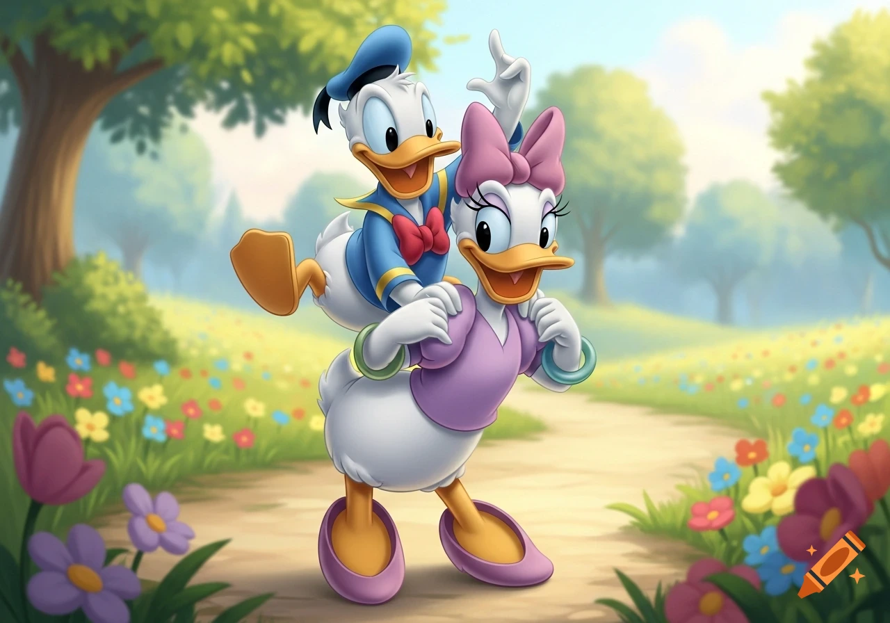 Cartoon Donald Duck rides on Daisy Duck's shoulders through a sunny ...