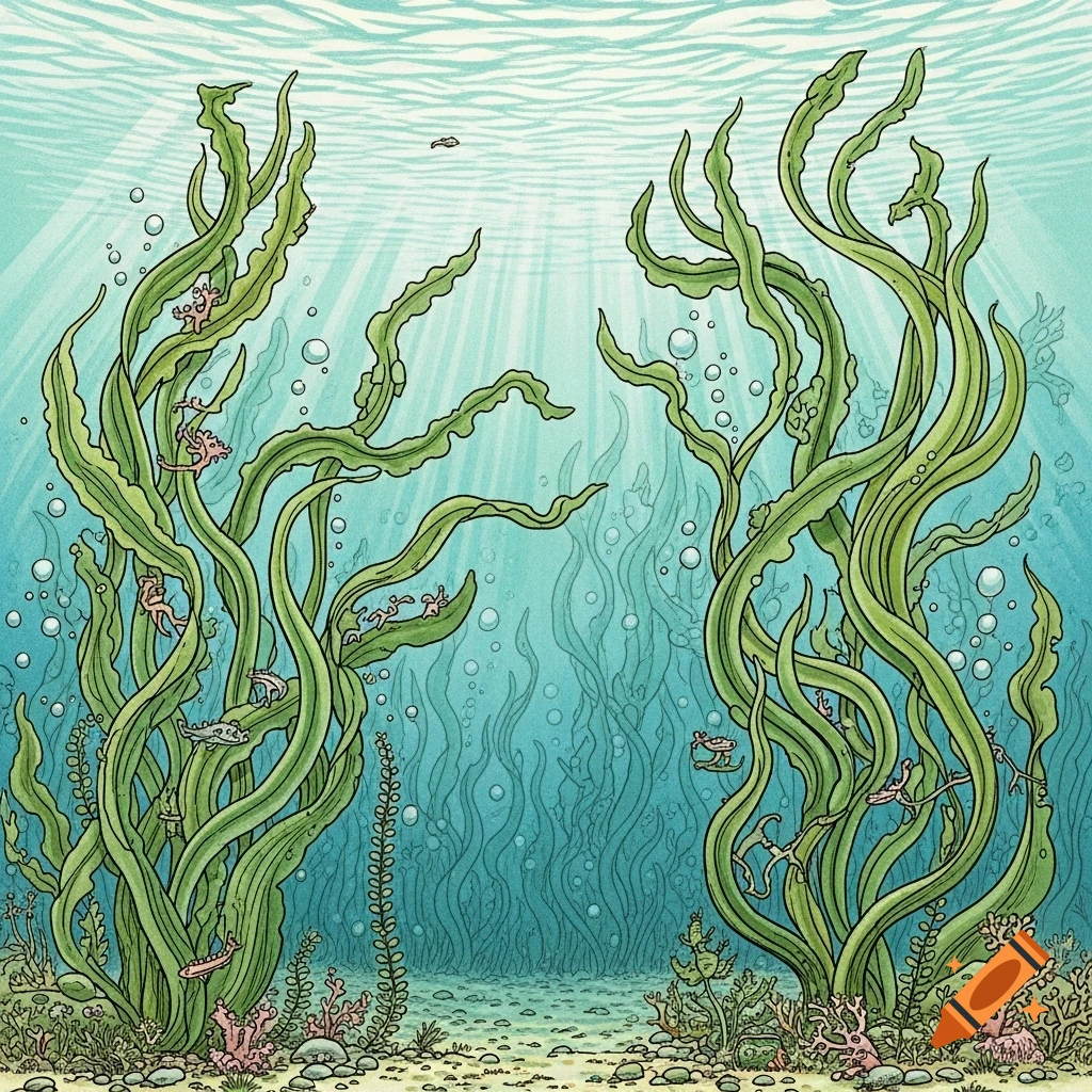 Detailed 2D drawing of an underwater scene with lush green seaweed ...