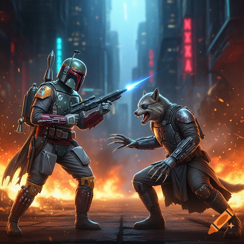 Boba Fett aims a blaster with a blue beam at a snarling, armored ...