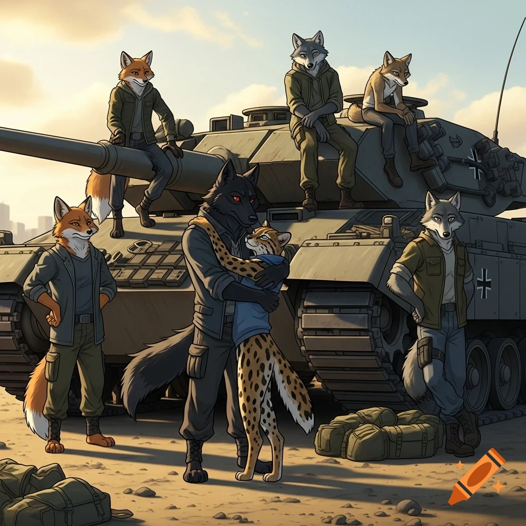 Anime-style furries in military clothing gather around a tank in a ...