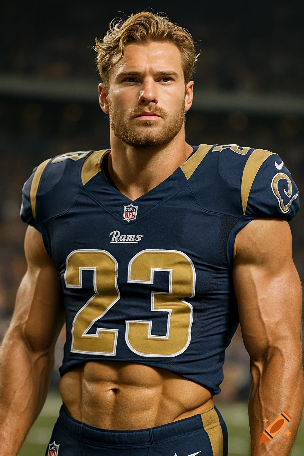 A muscular male football player in a blue and gold 'Rams' number 23 jersey with visible abs ...