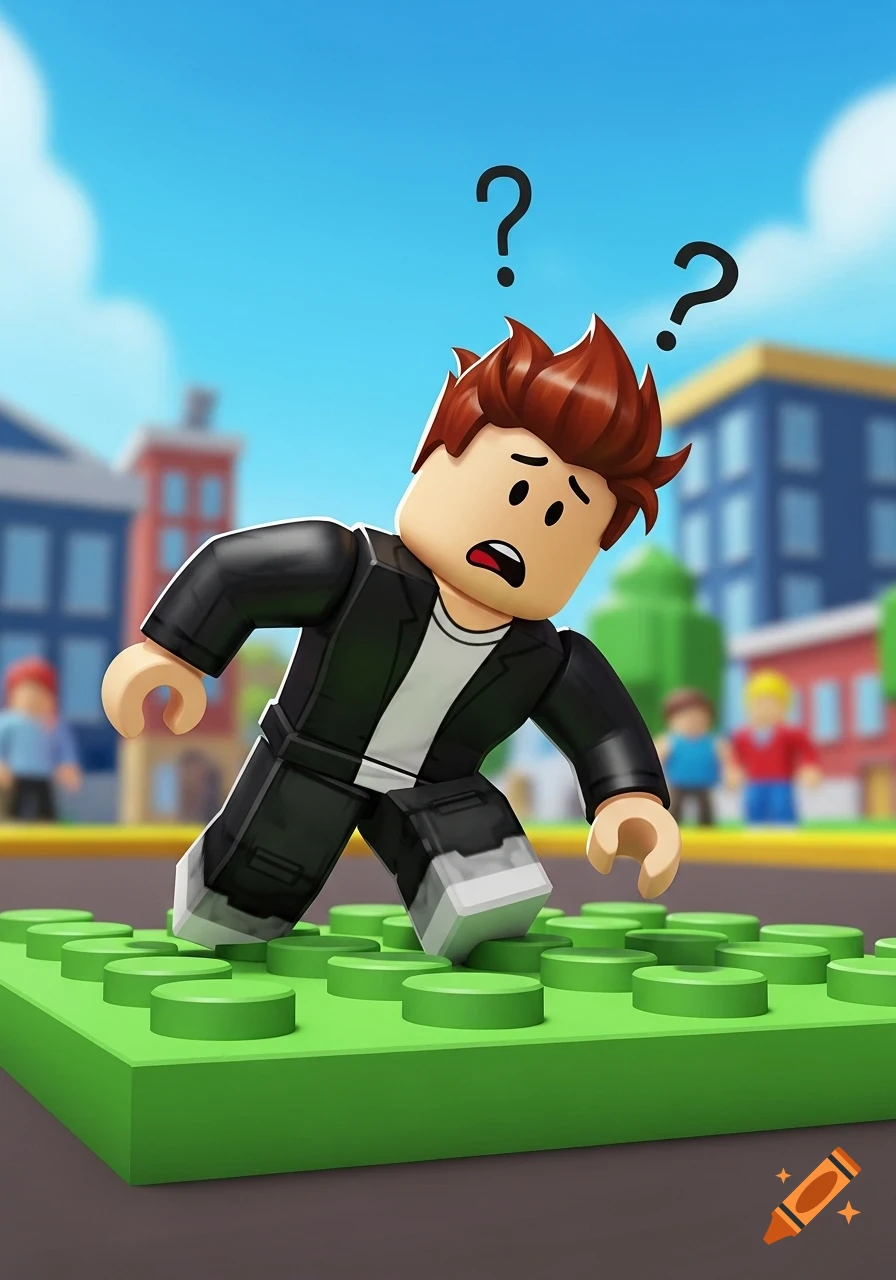 A confused Roblox character in a black jacket and white shirt stands ...