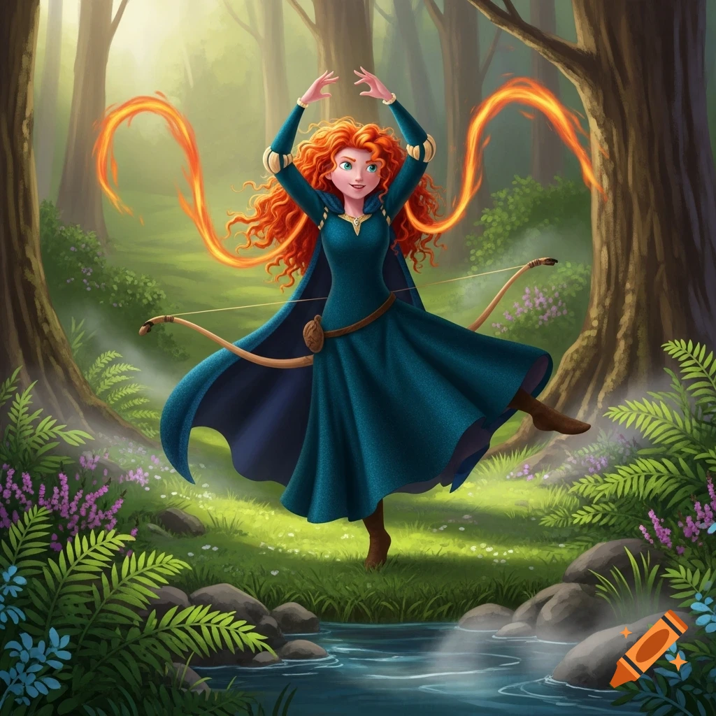 Princess Merida with fiery red hair trails dances in an enchanted ...