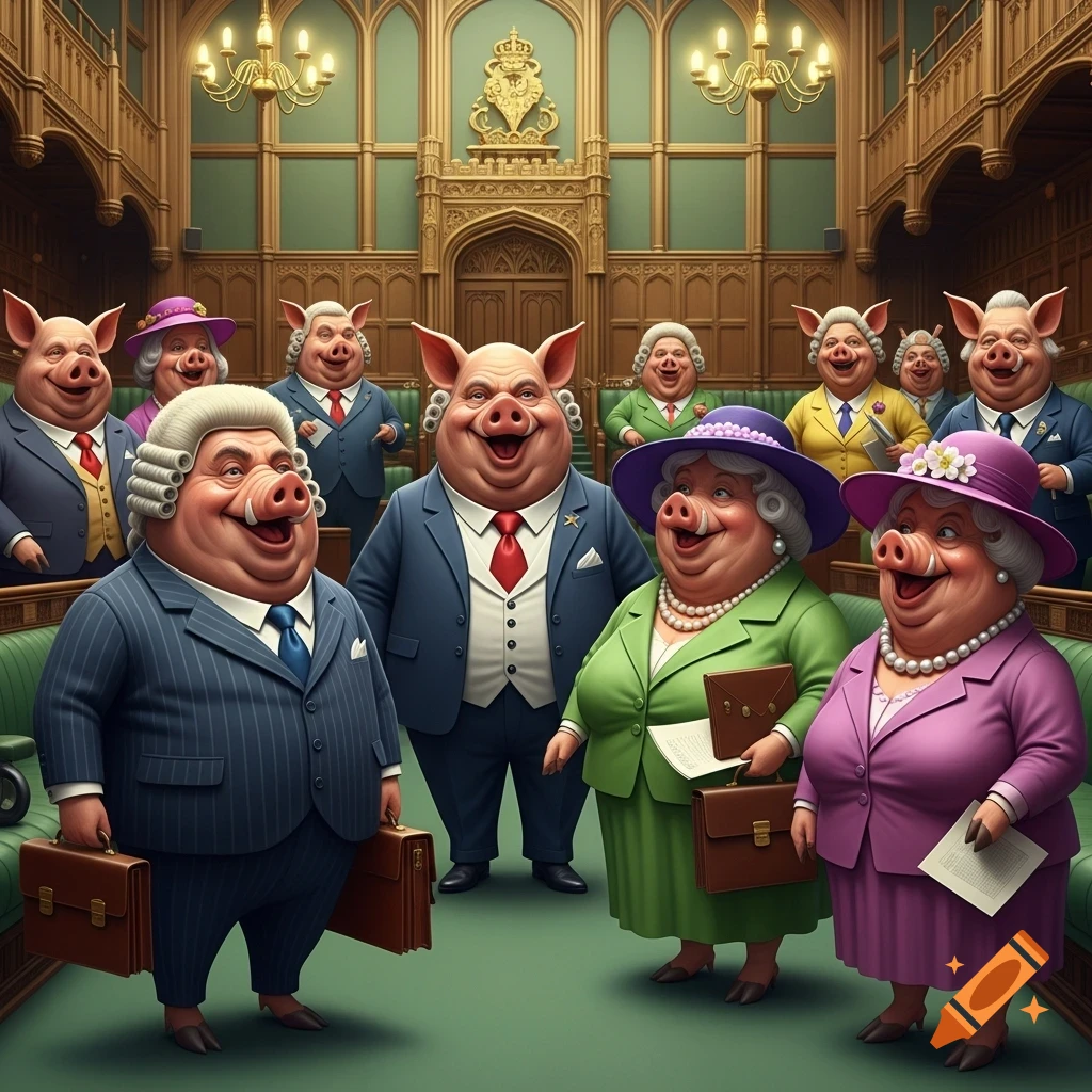 A group of well-dressed, smiling anthropomorphic pigs, resembling ...