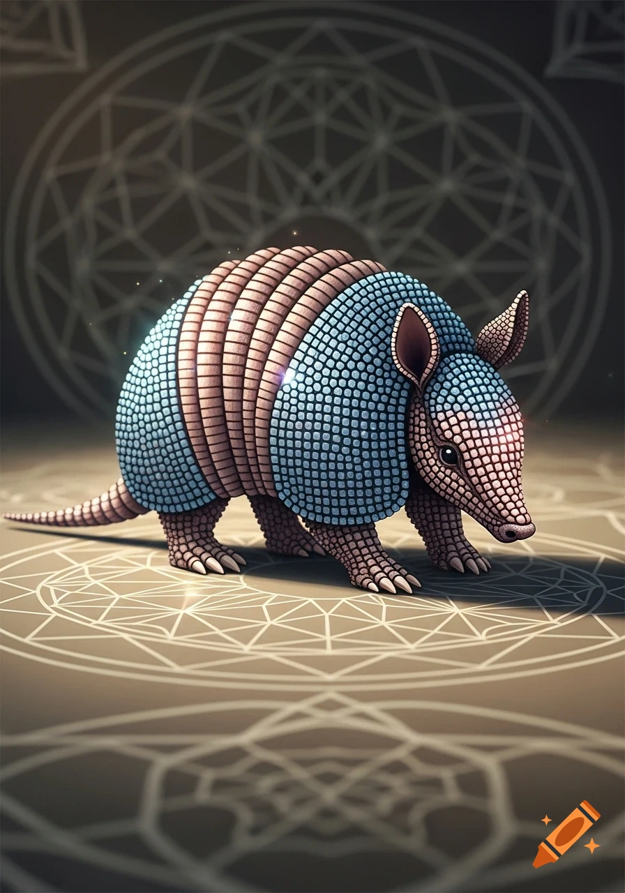 A stylized armadillo with a blue and pink beaded shell and segments ...