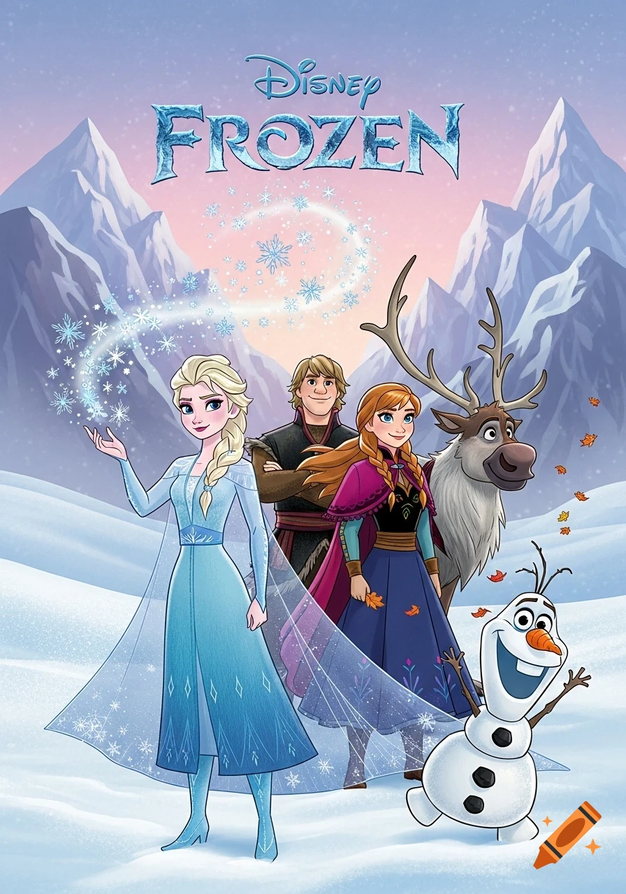Elsa, Anna, Kristoff, Sven the reindeer, and Olaf the snowman stand in ...