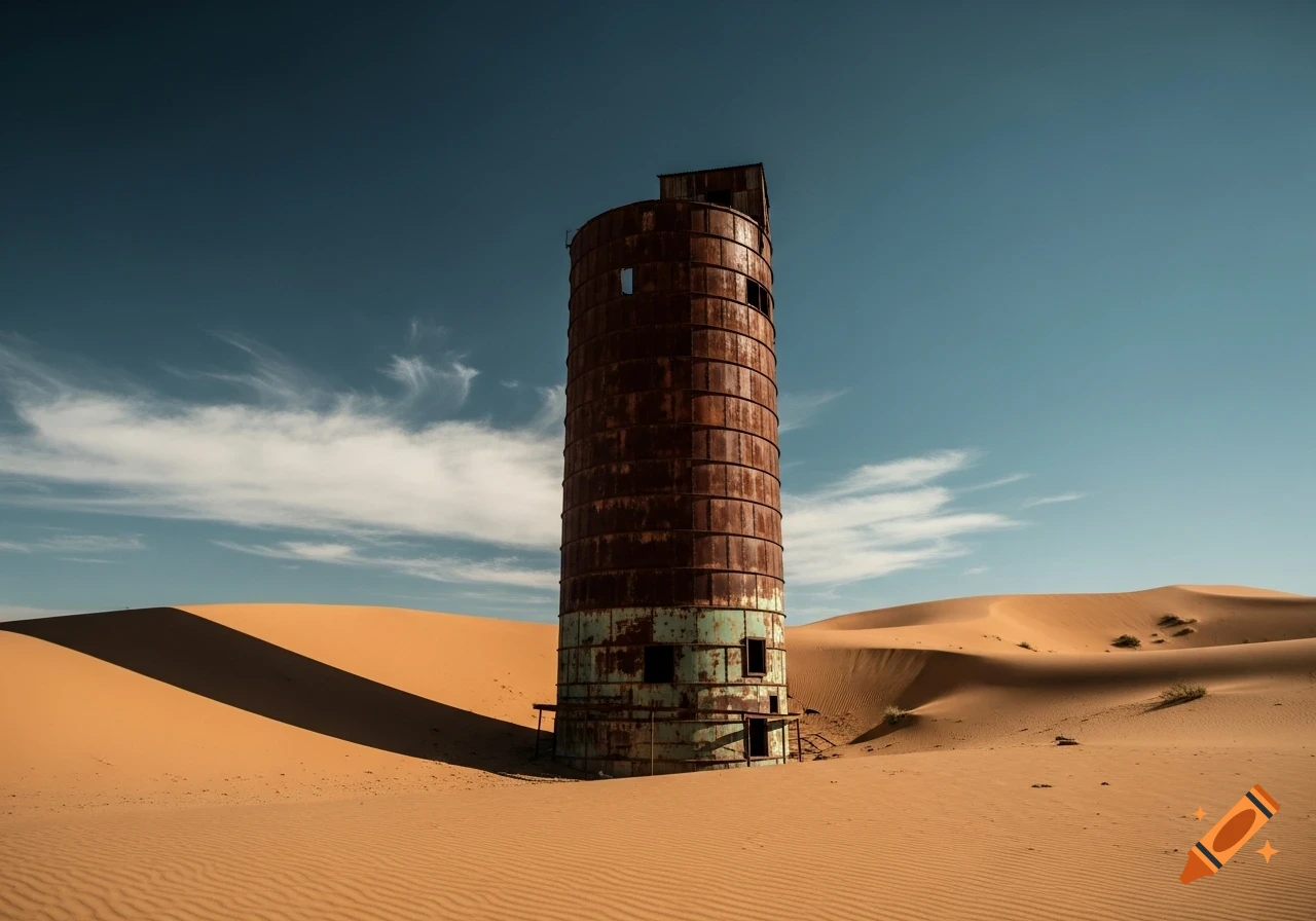 A tall, rusted metal silo stands amidst expansive sand dunes under a ...