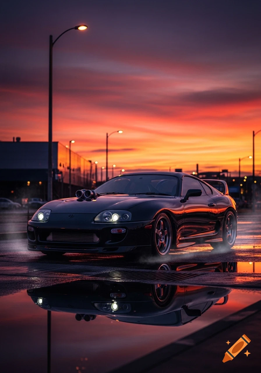 A black Toyota Supra MK4 with turbos on the hood, parked on a wet ...