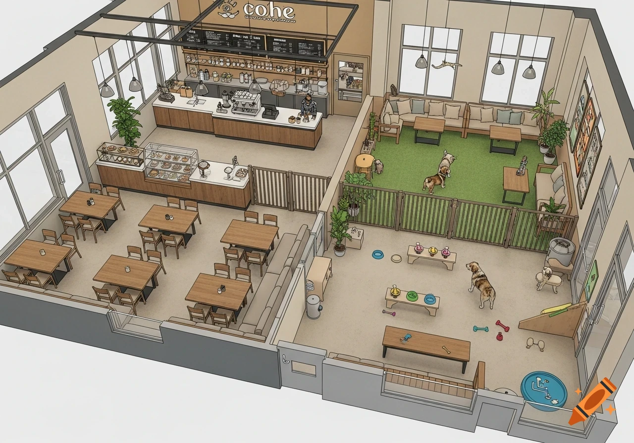 Isometric 3D drawing of a dog cafe layout, featuring a dining area ...