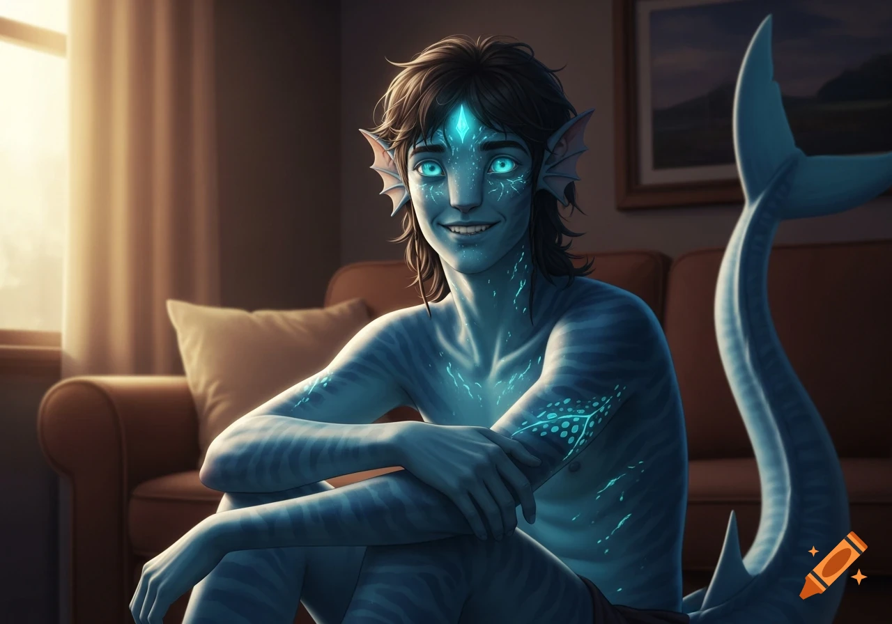 Smiling blue-skinned man with fin-ears, glowing eyes, and a shark tail ...
