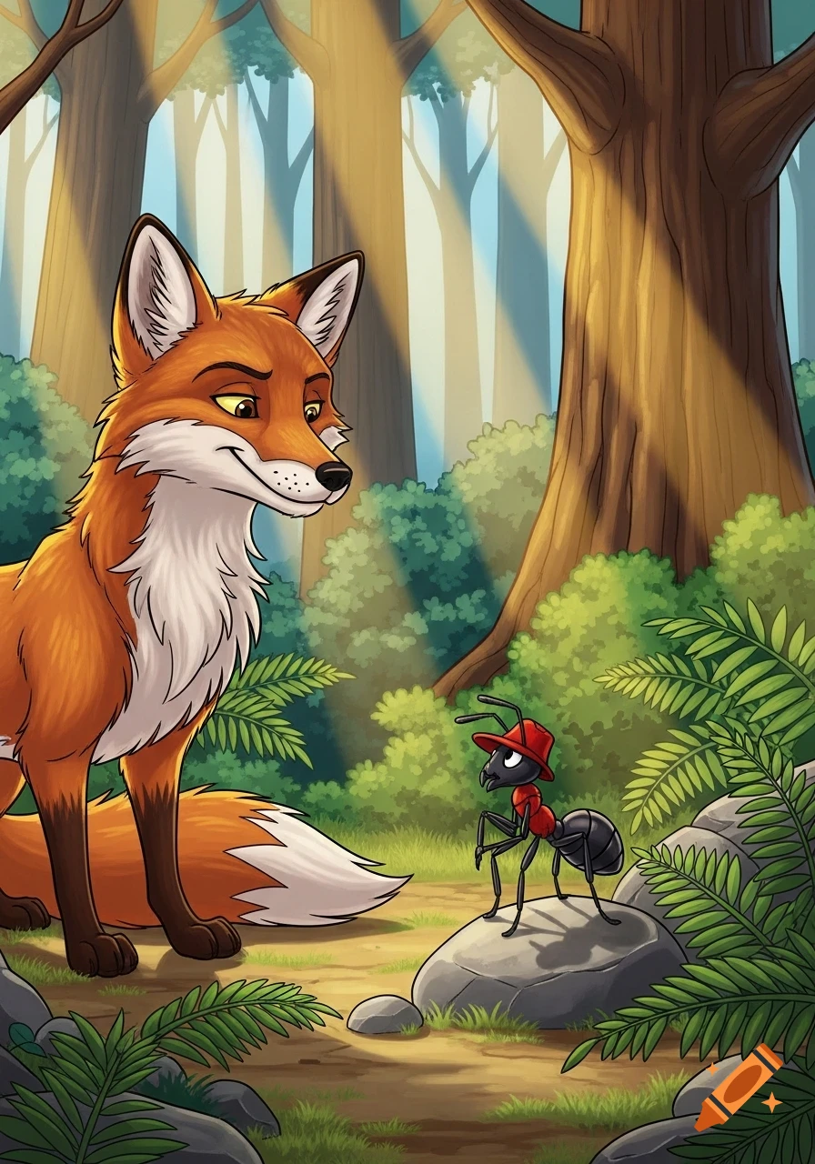 A cartoon fox looks down at a small ant wearing a red cap, standing on ...