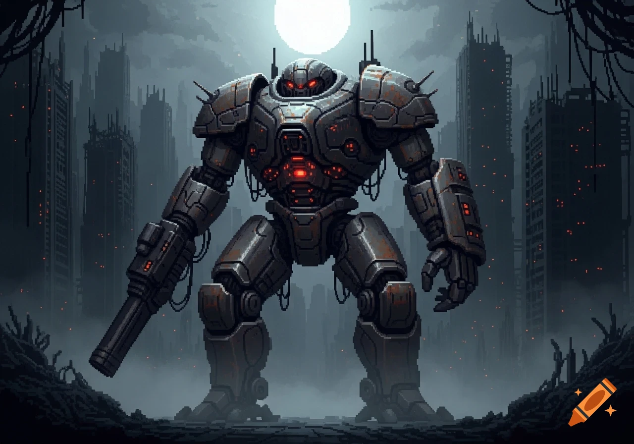 An 8-bit pixel art image of a large, rusty mech with glowing red eyes ...