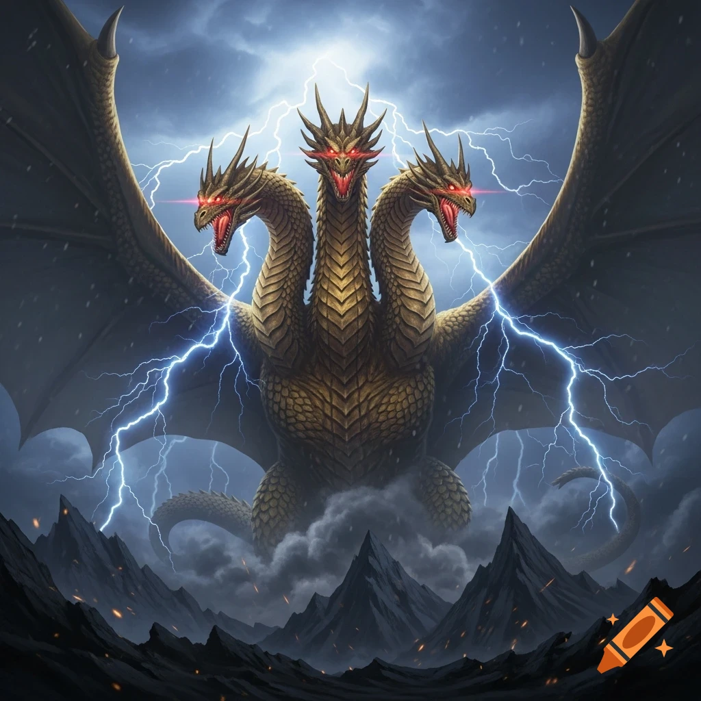 A majestic three-headed golden dragon, King Ghidorah, with massive ...