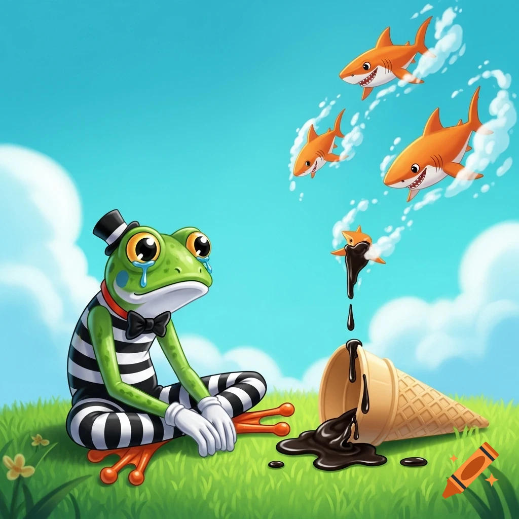 A crying cartoon mime frog sits sadly beside a spilled chocolate ice ...