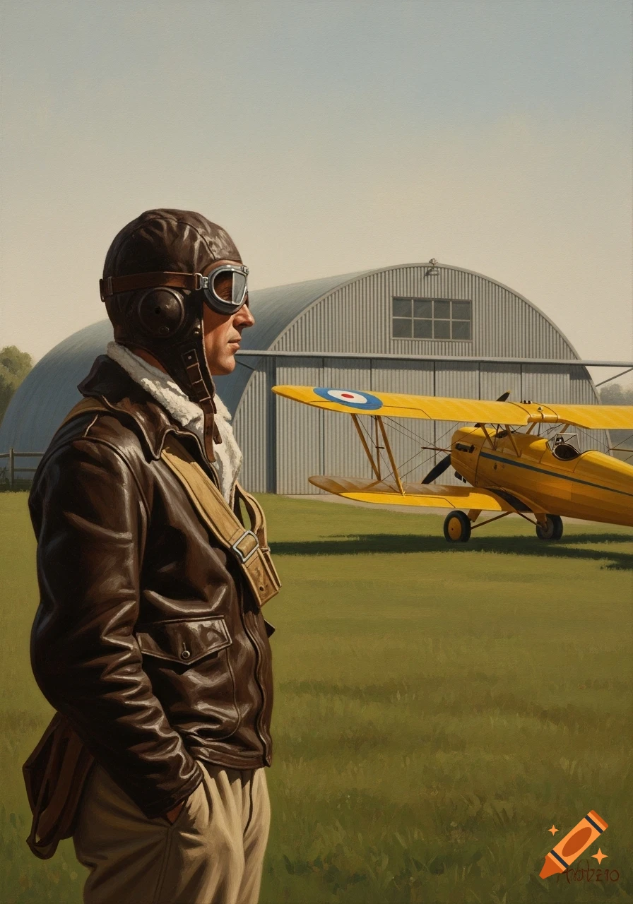 A painted profile portrait of an aviator in a leather jacket, helmet ...
