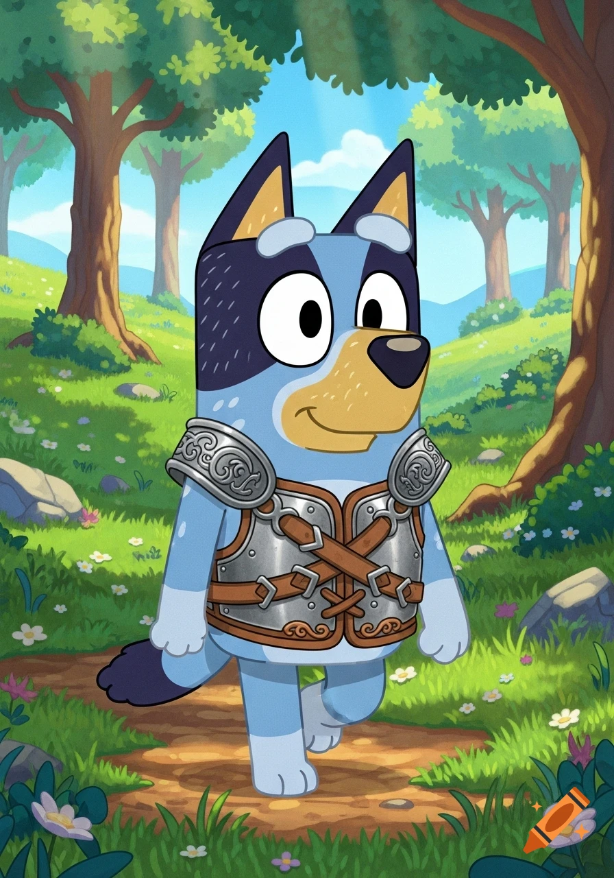 Bluey the blue dog walks on a forest path, wearing a detailed silver ...