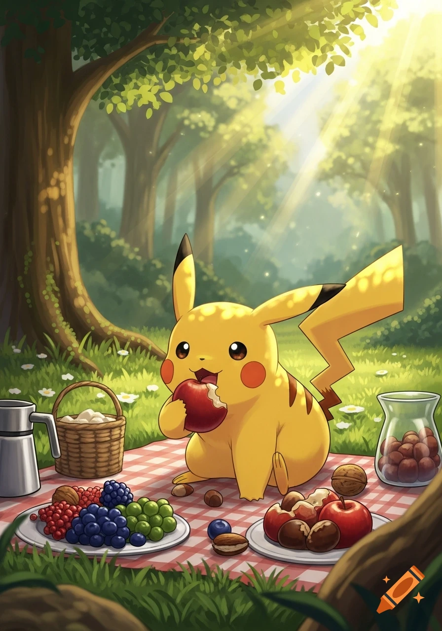 Pikachu enjoys a picnic in a sun-dappled forest, eating an apple with ...