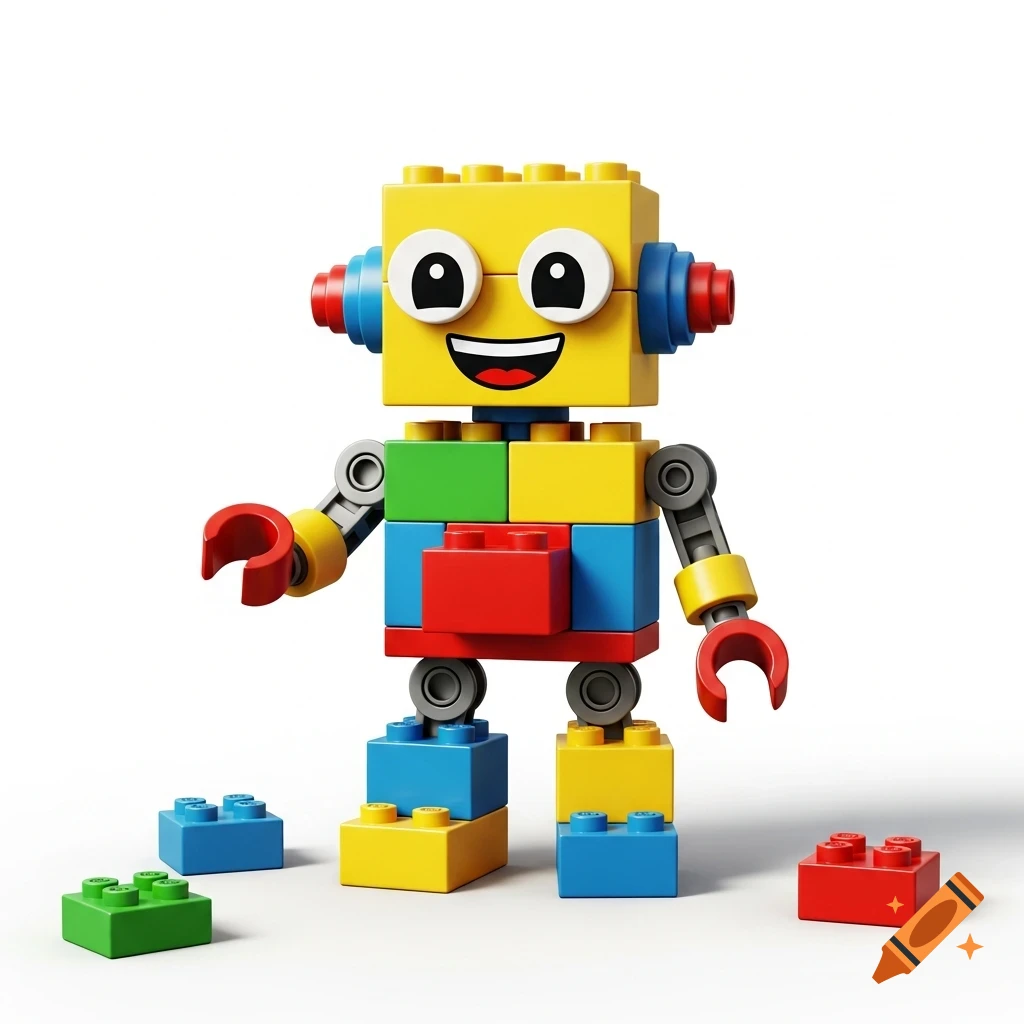 A colorful Lego robot with a smiling face, made of primary colored ...