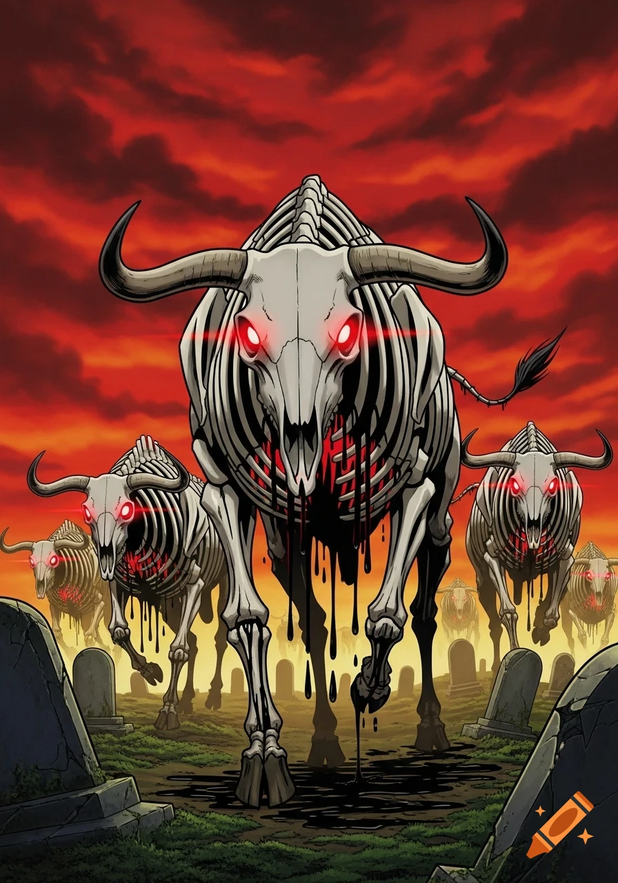Skeletal bulls with glowing red eyes and dripping black goo stampede ...