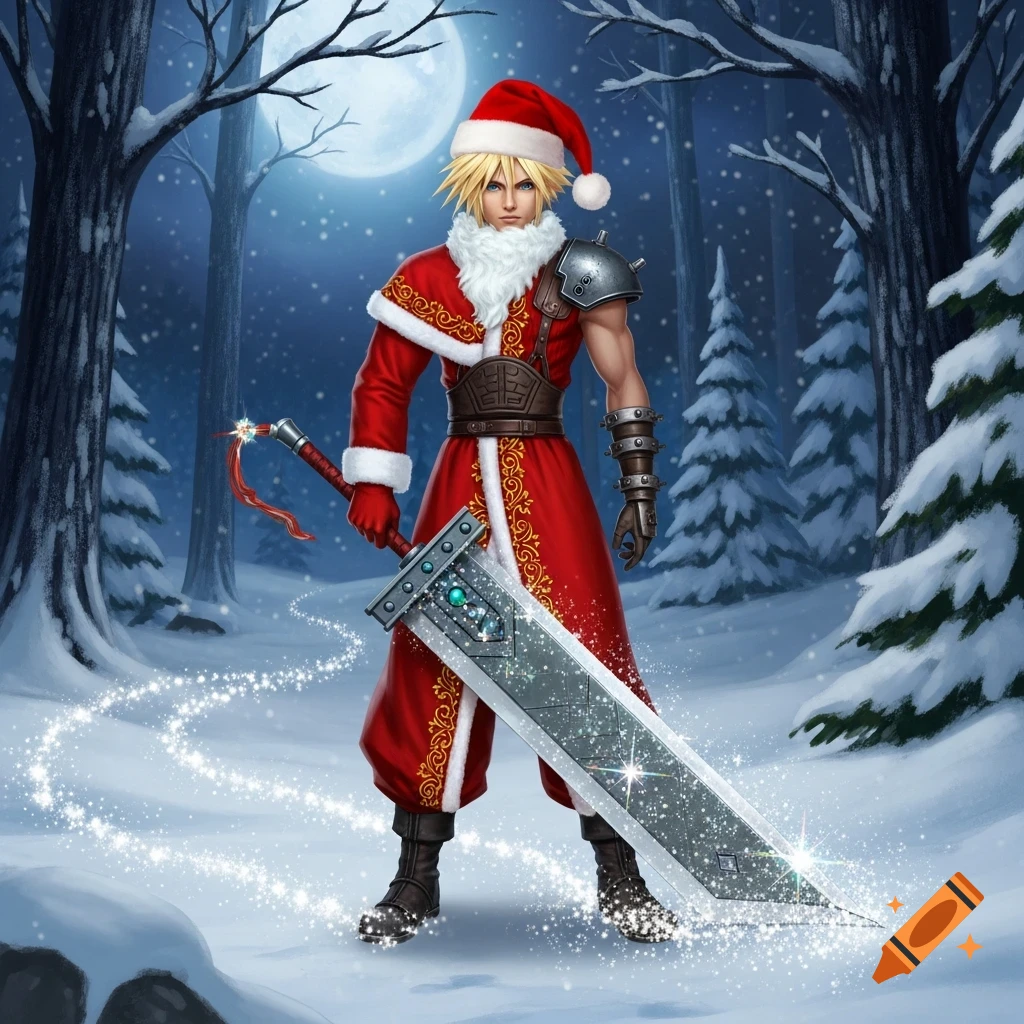 Cloud Strife in a Santa suit with his Buster Sword stands in a moonlit ...