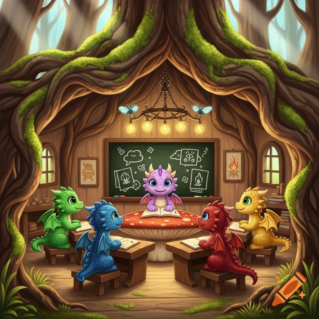 Cartoon illustration of cute baby dragons sitting at desks in a ...