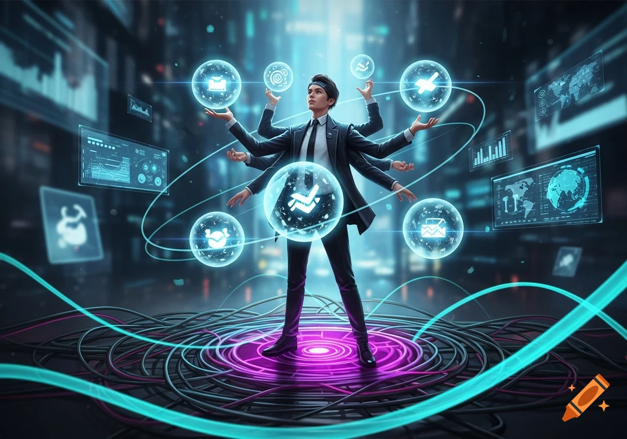 A multi-armed man in a suit juggles glowing digital orbs, surrounded by ...