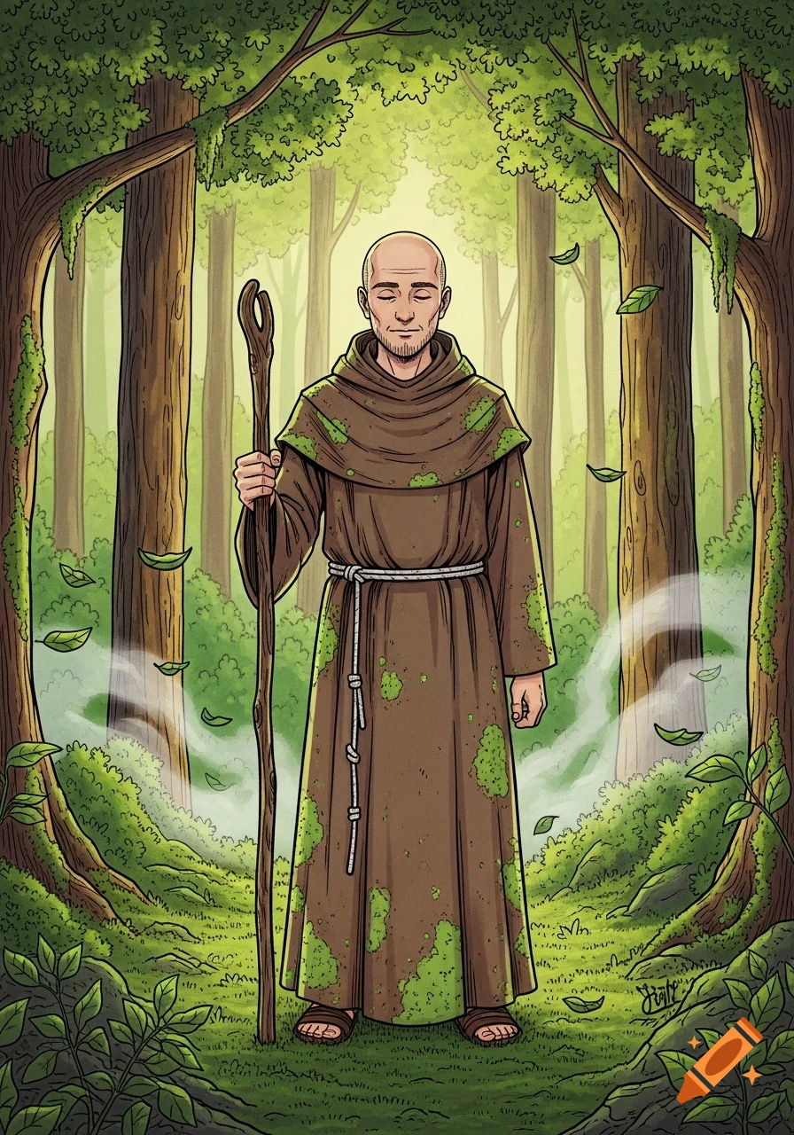 A hand-drawn illustration of a bald male friar in brown robes with moss ...