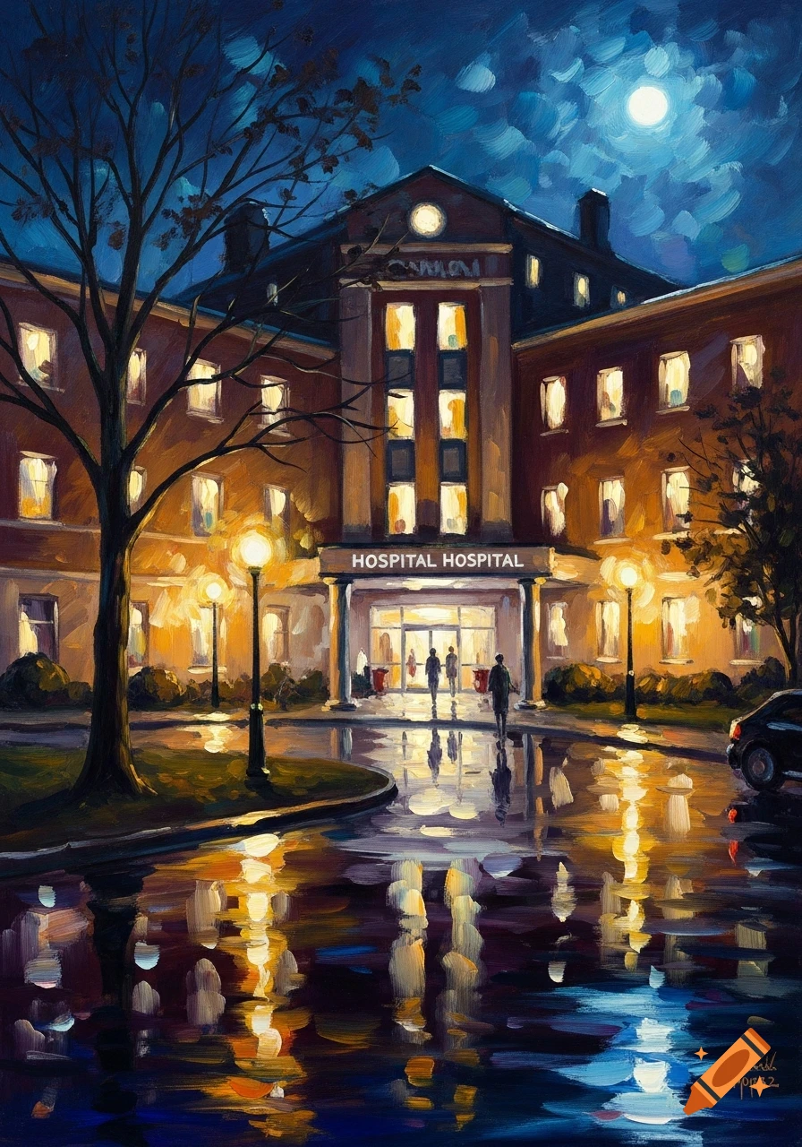 Impressionist painting of a hospital at night, with warm lights glowing ...