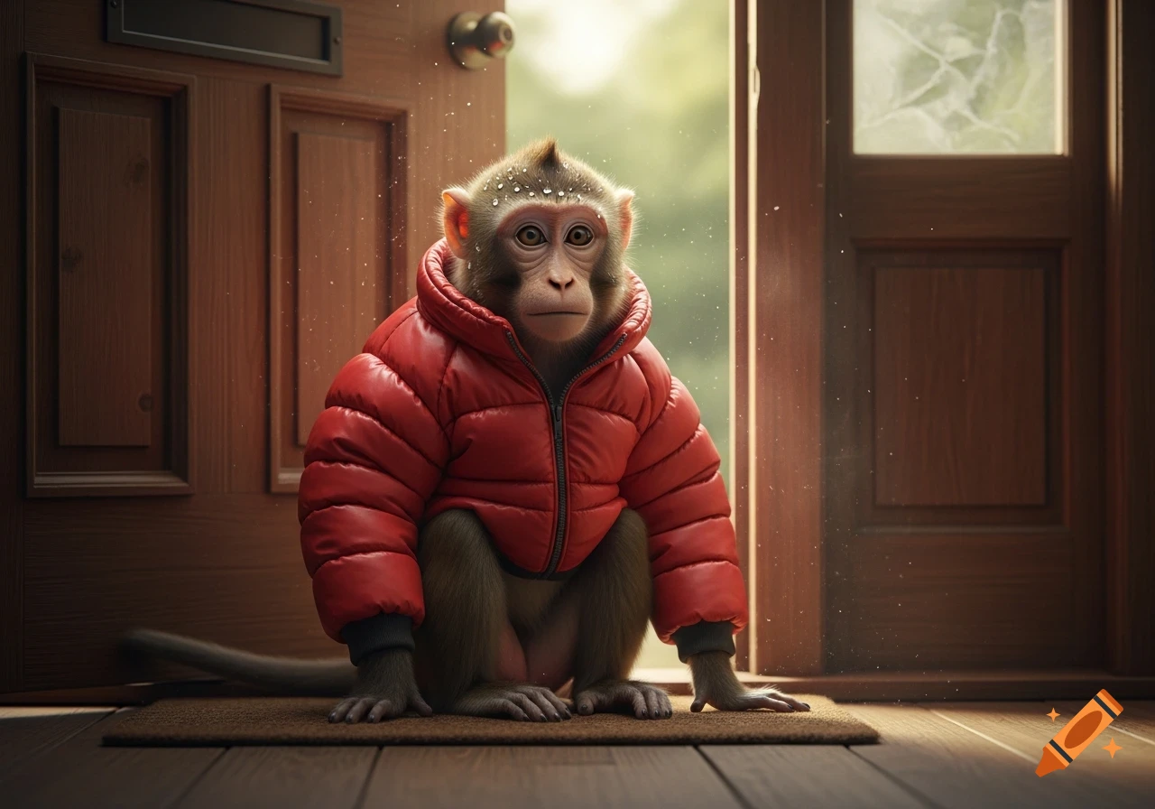 A photorealistic monkey in a red puffer jacket sits on a doormat by an ...