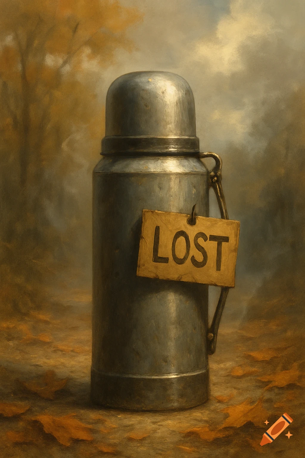 A painterly image of an old thermos with a 'LOST' sign attached ...