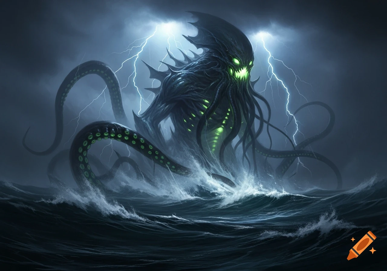 A dark Eldritch horror, resembling a Cthulhu-like creature with glowing ...