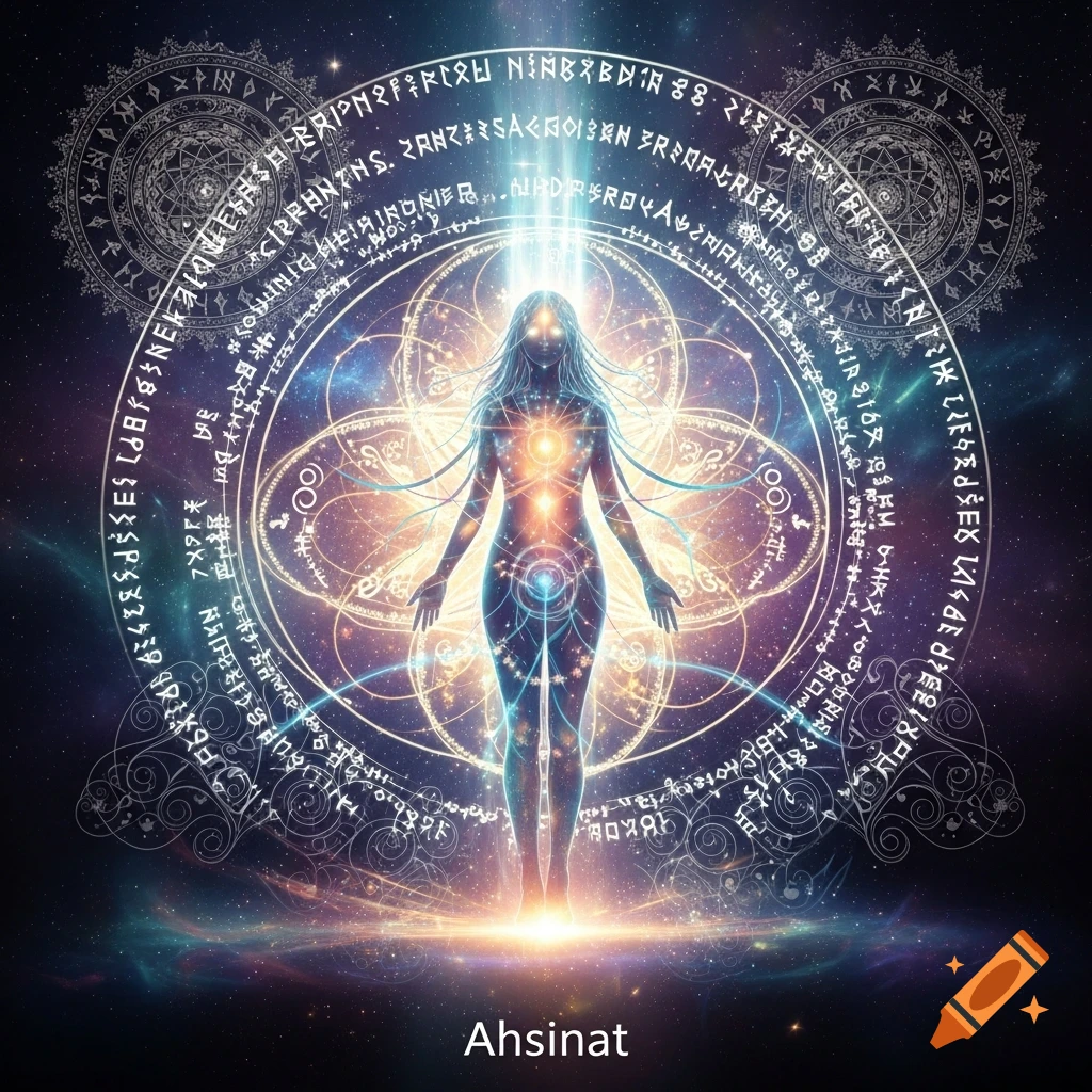 Luminous, ethereal female figure with flowing energy, surrounded by ...